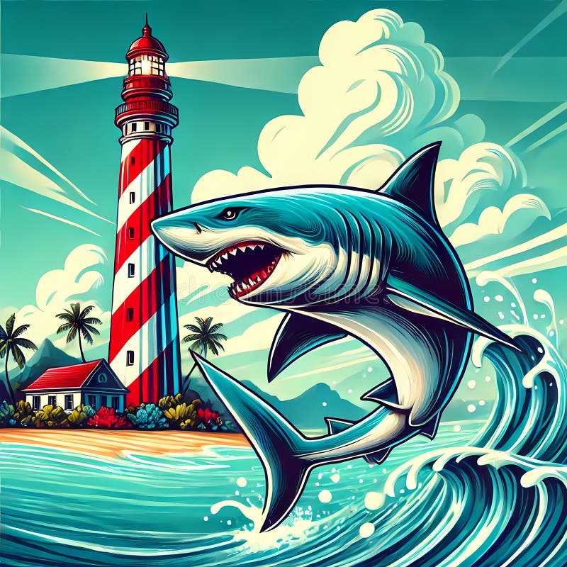 Powerful Shark Jumping Near a Lighthouse. Stock Illustration ...
