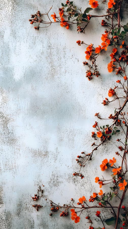 Generative AI Vibrant Orange Flowering Vines on Rustic Textured Wall ...