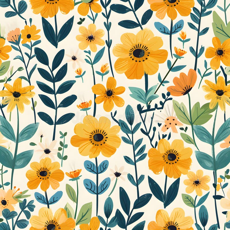 Generative AI. Vibrant Yellow Floral Pattern Design with Green Leaves ...