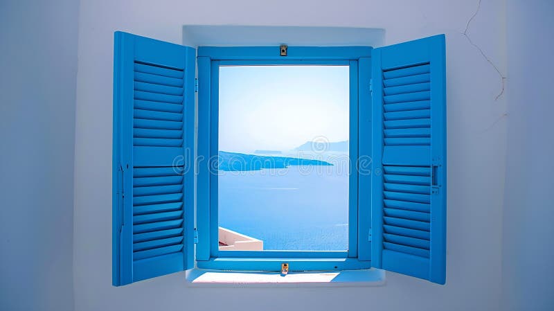 Generative AI View from an Open Window with Blue Shutters of the Aegean ...