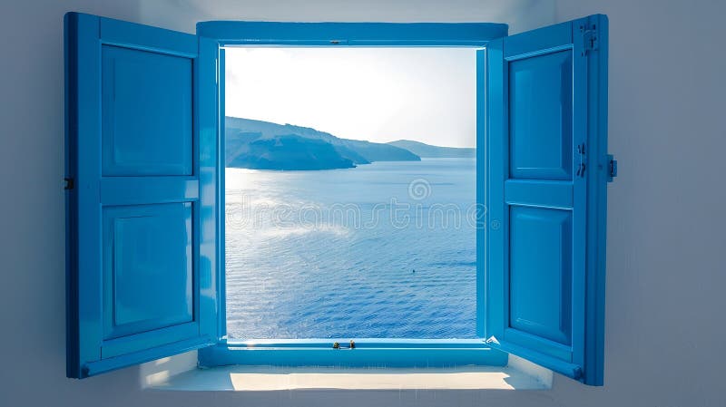 Generative AI View from an Open Window with Blue Shutters of the Aegean ...