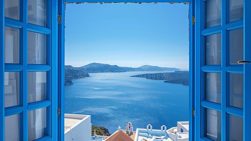 Generative AI View from an Open Window with Blue Shutters of the Aegean ...