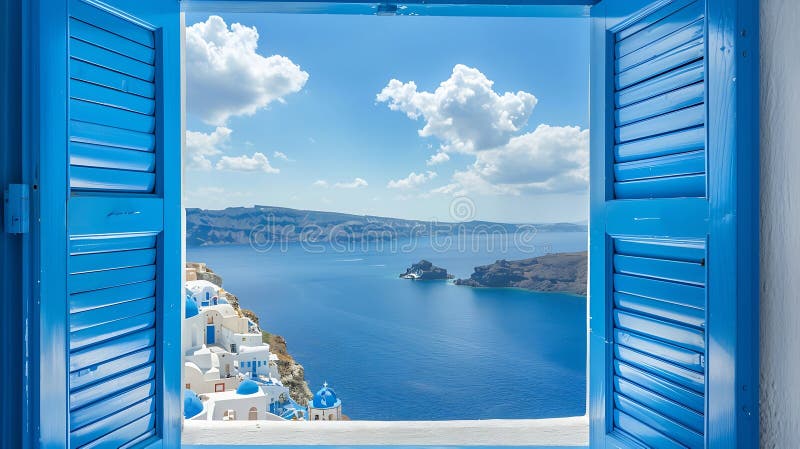 Generative AI View from an Open Window with Blue Shutters of the Aegean ...