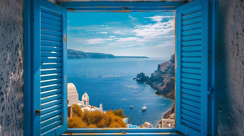 Generative AI View from an Open Window with Blue Shutters of the Aegean ...
