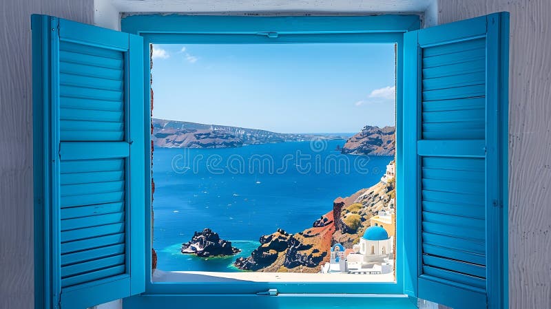 Generative AI View from an Open Window with Blue Shutters of the Aegean ...