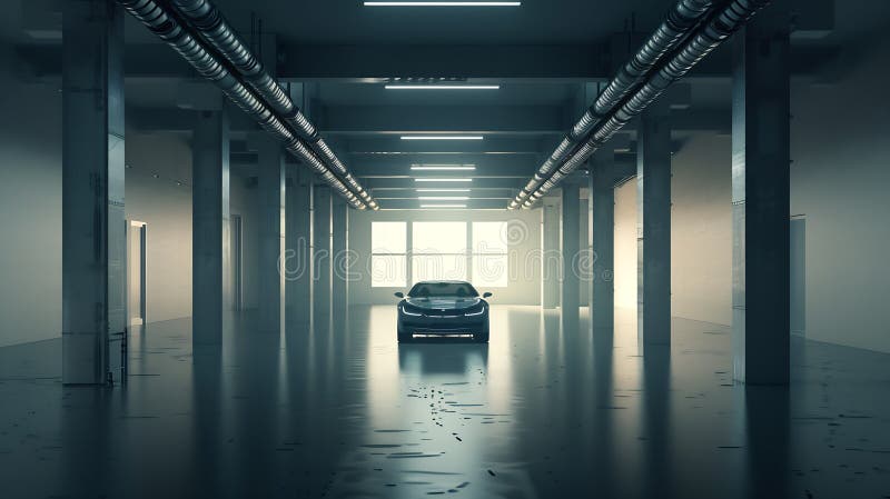 Generative AI Warehouse Empty Dark Car Showroom 3D Rendering Business ...