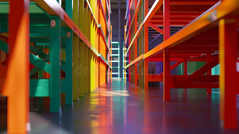 Generative AI Warehouse Interior with Colorful Shelving System Business ...