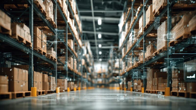 Generative AI Warehouse Interior with Rows of Shelves Stocked with Boxes Logistics and ...
