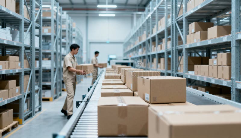 Generative AI Warehouse Workers Managing Inventory on Conveyor Belt ...