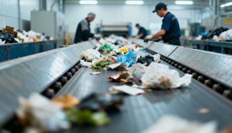 Generative AI Waste Management Facility Conveyor Belt Processing Recyclable Materials with ...
