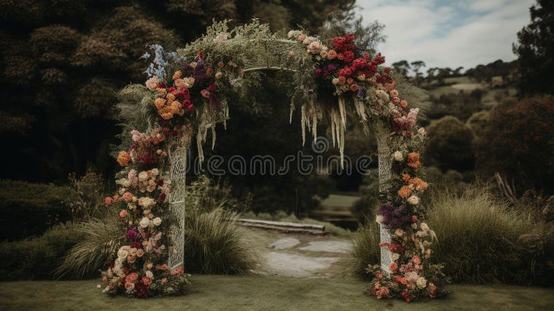 Generative AI, Wedding Ceremony Boho Rustic Style Arch with Flowers and ...