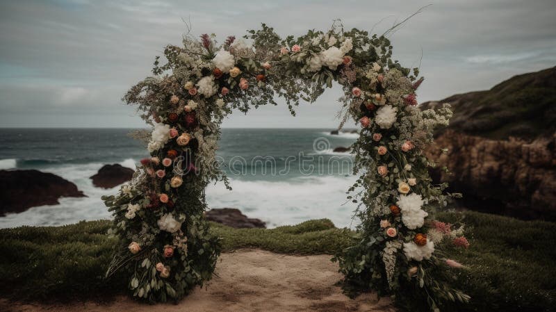 Generative AI, Wedding Ceremony Boho Rustic Style Arch with Flowers and ...