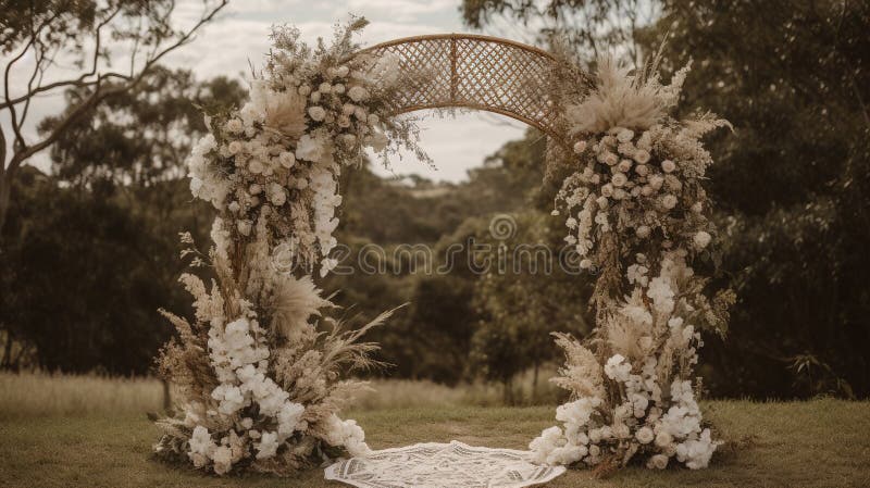 Generative AI, Wedding Ceremony Boho Rustic Style Arch with Flowers and ...