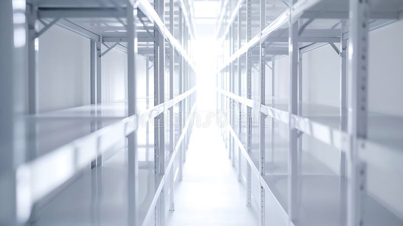 Generative AI White Empty High Rack Along the Aisle Business Concept ...