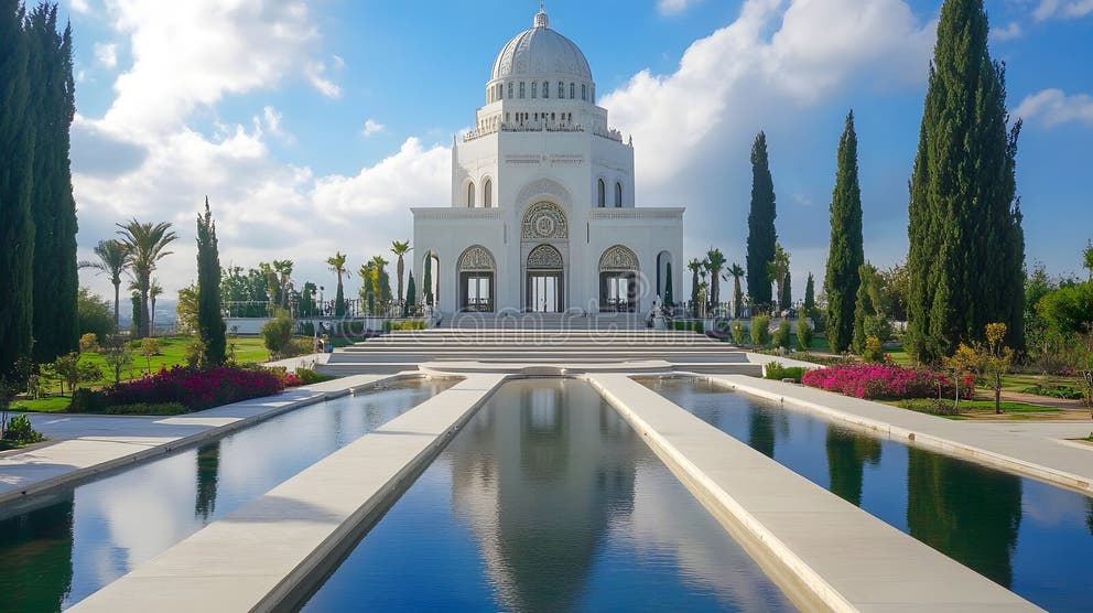 Generative AI White Marvel Structure with Reflecting Pool and Garden ...