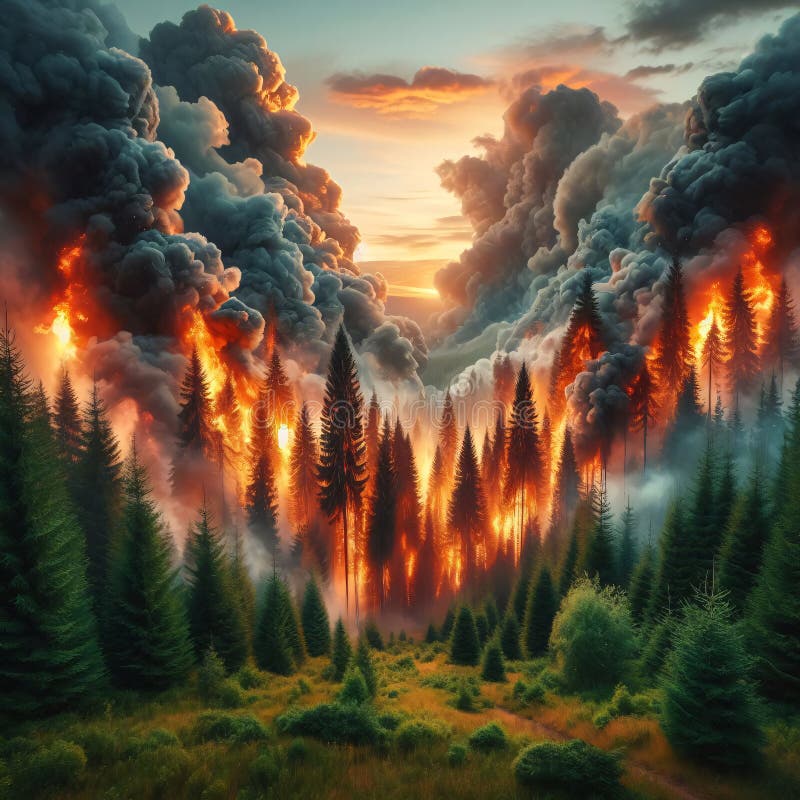 Generative AI, Wild Forest Fire in Progress Stock Illustration ...