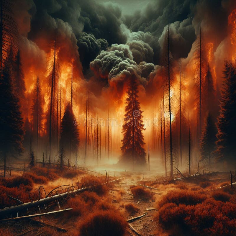 Generative AI, Wild Forest Fire in Progress Stock Illustration ...