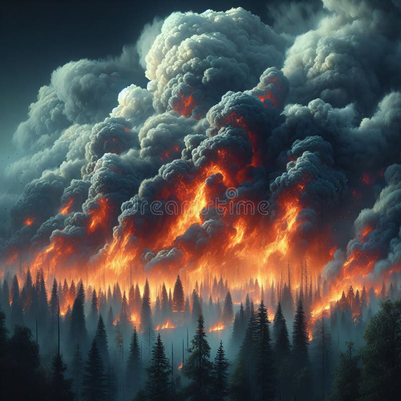 Generative AI, Wild Forest Fire in Progress Stock Illustration ...