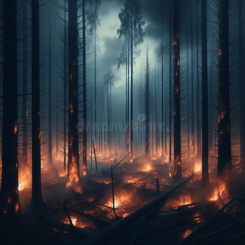 Generative AI, Wild Forest Fire in Progress Stock Illustration ...