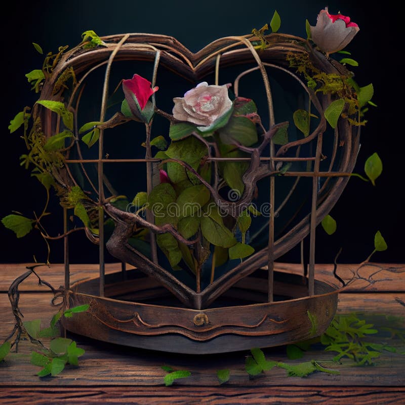 Generative AI: Wire Heart with Roses on Branches Inside on the Table ...