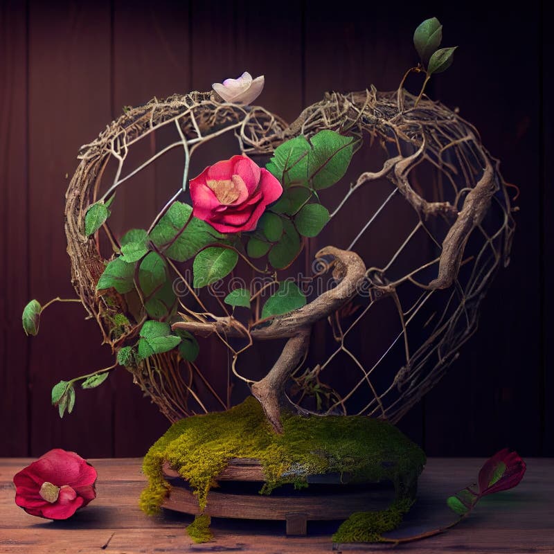 Generative AI: Wire Heart with Roses on Branches Inside on the Table ...