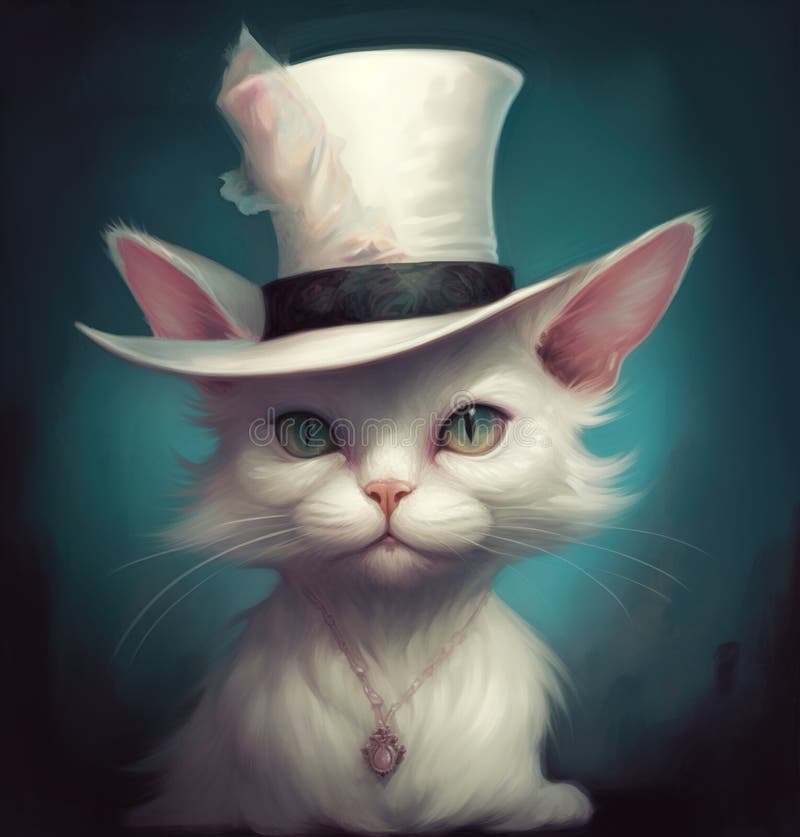 Generative AI: Withe Cat Wearing Top Hat Stock Illustration ...