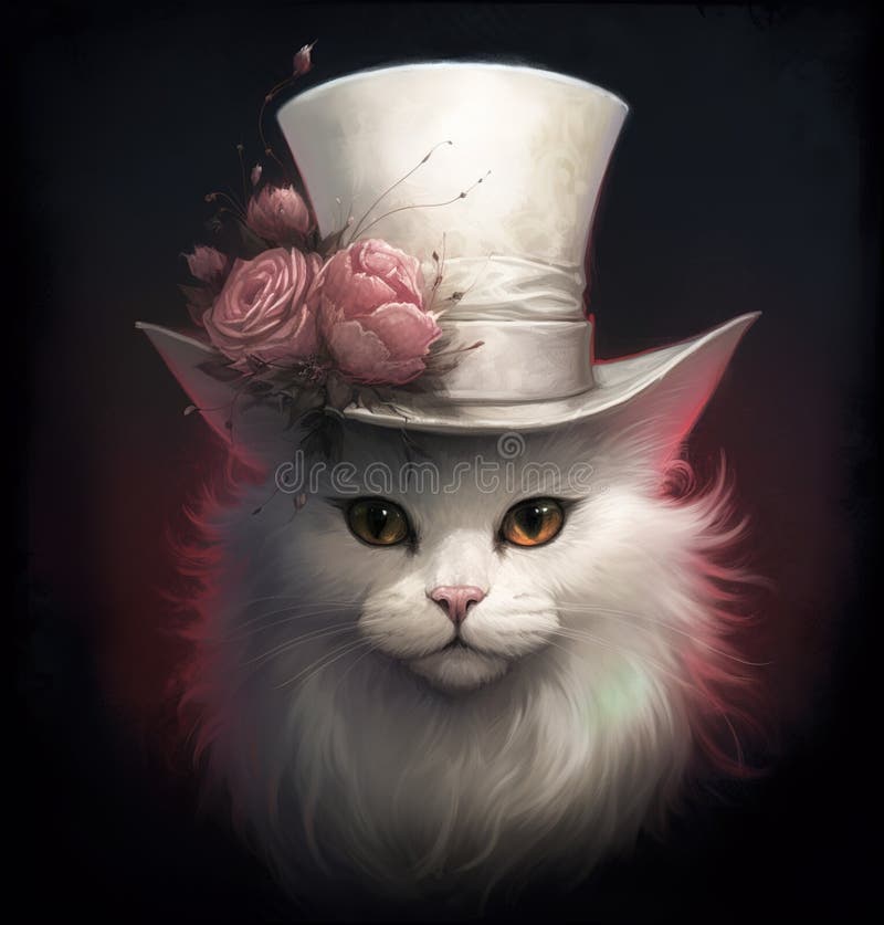Generative AI: Withe Cat Wearing Top Hat Stock Illustration ...