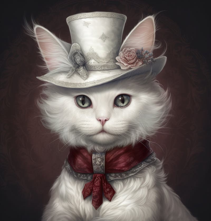 Generative AI: Withe Cat Wearing Top Hat Stock Illustration ...