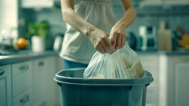 Generative AI Woman Placing Garbage Bag into Empty Trash Bin in Kitchen Business Concept. Stock ...