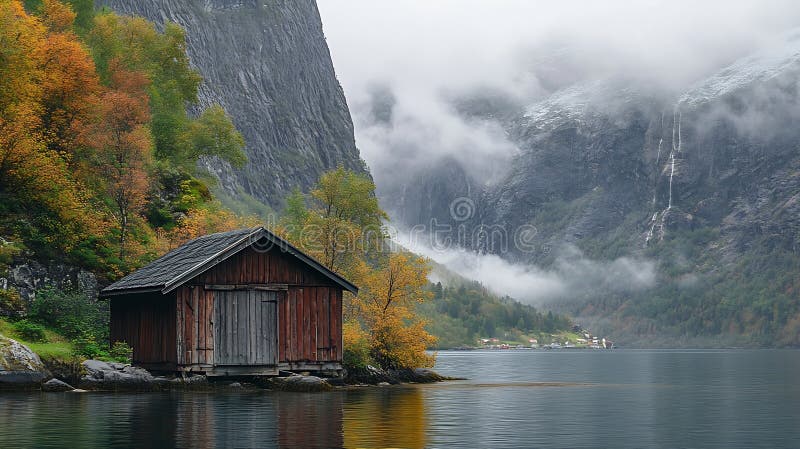 Generative AI Wood Hut Along the Fjord More Og Romsdal County Norway ... Generative AI Wood Hut Along the Fjord More Og Romsdal County Norway ...