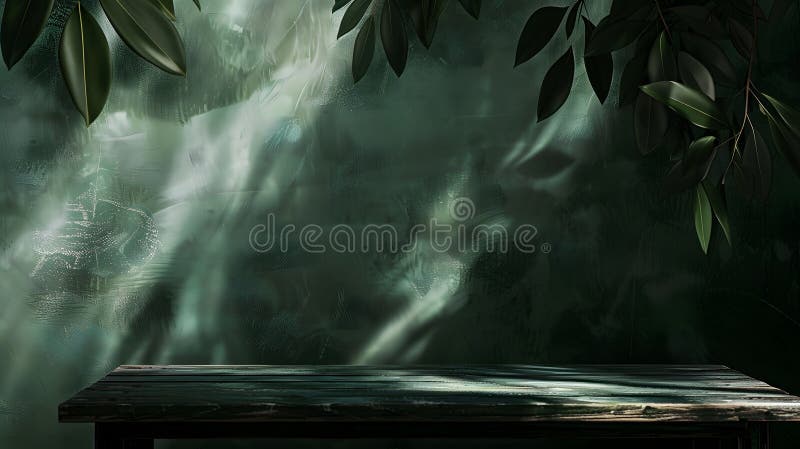 Generative AI Wood Table on Dark Green Texture Wall Background ...