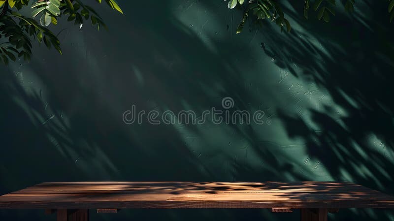 Generative AI Wood Table on Dark Green Texture Wall Background ...