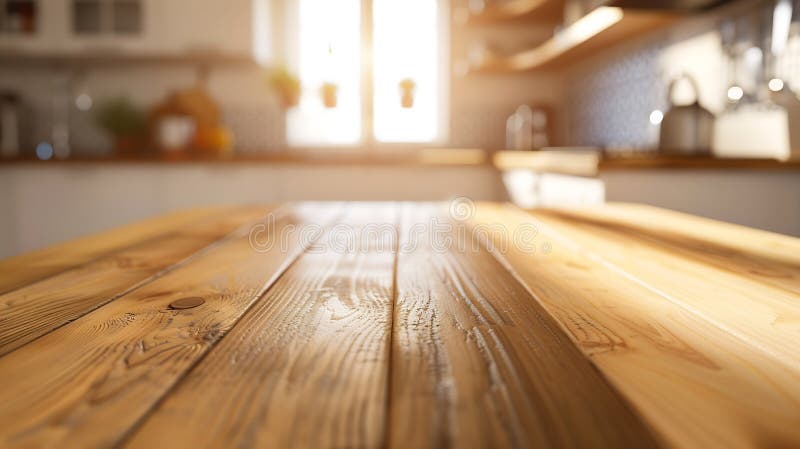 Generative AI Wooden Table on Blurred Kitchen Bench Background Empty ...