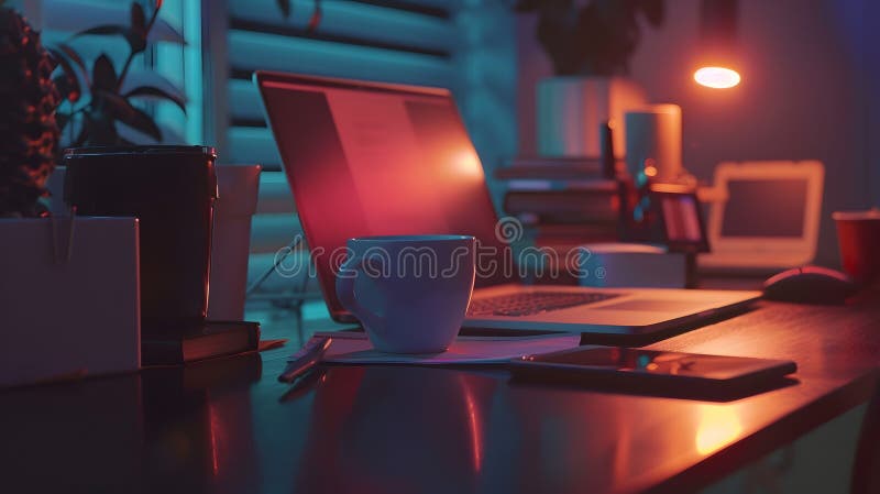 Generative AI Work Office Desk with a Cup of Coffee Computer Laptop ...