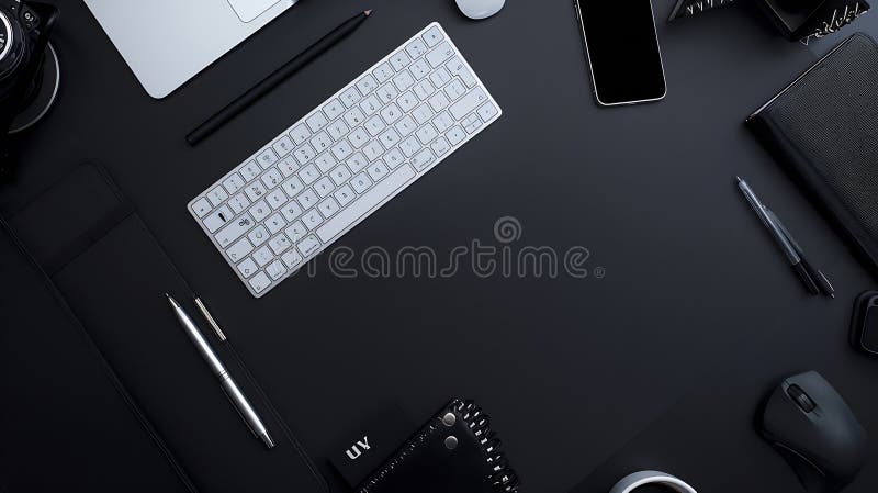 Generative AI Workplace in Office with Black Desk Top View from Above ...