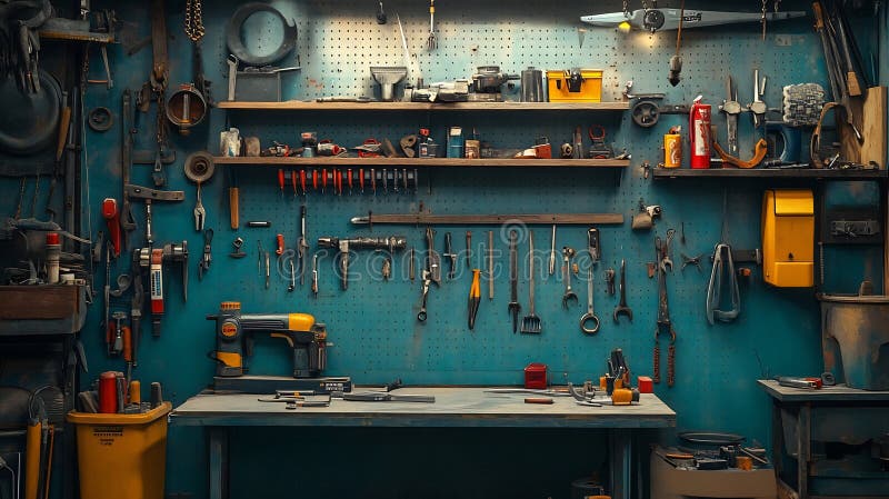 Generative AI Workshop Scene Old Tools Hanging on Wall in Workshop Tool ...