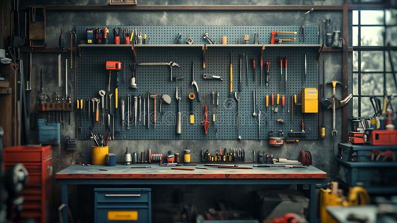 Generative AI Workshop Scene Old Tools Hanging on Wall in Workshop Tool ...