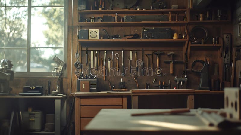 Generative AI Workshop Scene Old Tools Hanging on Wall in Workshop Tool ...