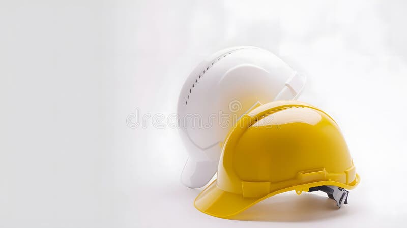 Generative AI Yellow and White Protection Helmets Isolated on White ...
