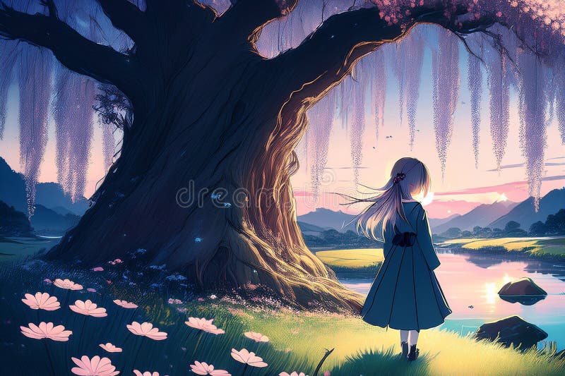 Generative AI a Young Girl Looking Out at the Water Stock Illustration ...