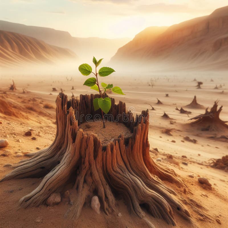 Generative AI, Young Tree Sapling Growing on Dead Stump in a Desert ...
