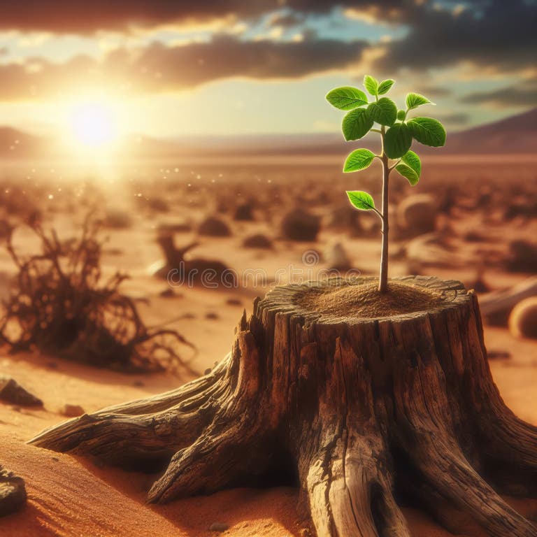 Generative AI, Young Tree Sapling Growing on Dead Stump in a Desert ...