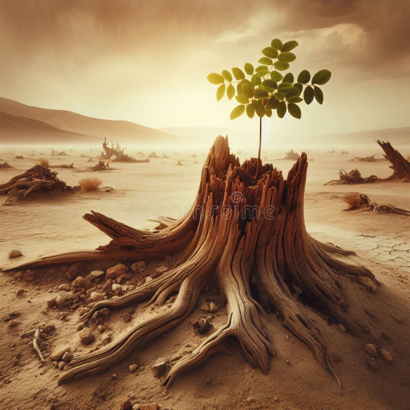 Generative AI, Young Tree Sapling Growing on Dead Stump in a Desert ...