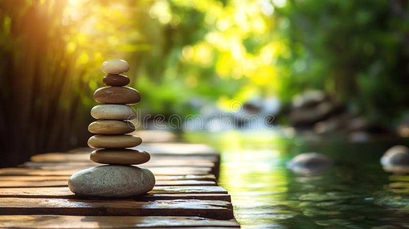 Generative AI Zen Stone Stack in Natural Setting with Tranquil Flowing ...