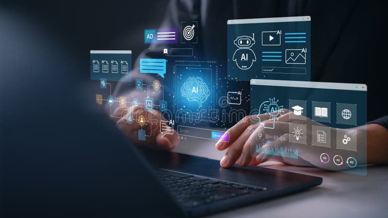 Generative Artificial Intelligence Concept. AI Agent Interface on Laptop with User Typing ...