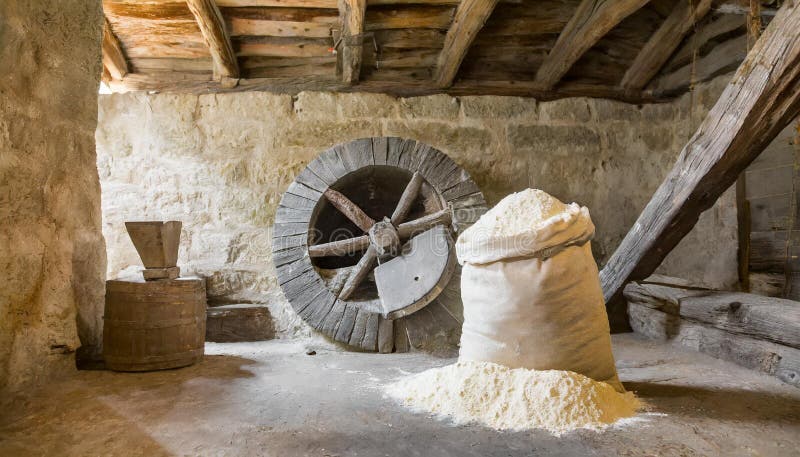 Traditional Stone Mill with Sack of Flour and Tools in Rustic Workshop ...