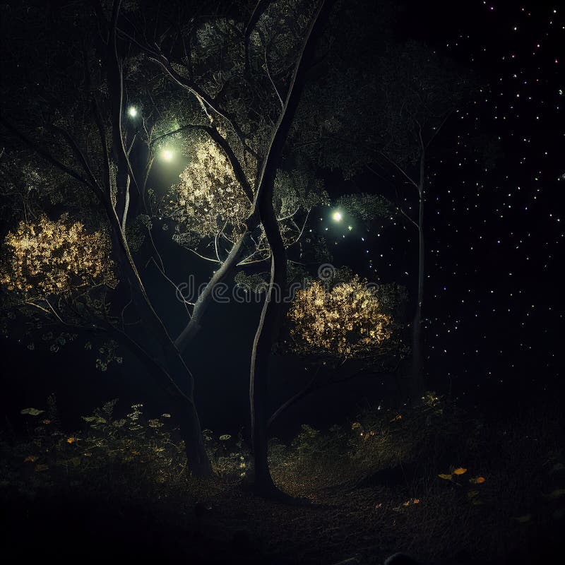 Generative Illustration, Night Garden of Lights, Trees in Darkness ...