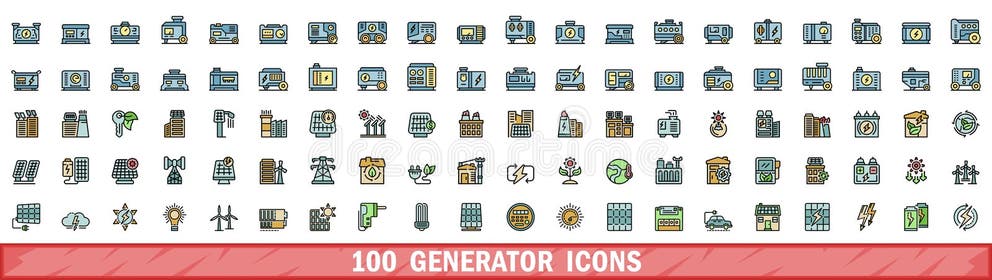 100 Generator Icons Set, Color Line Style Stock Illustration ...