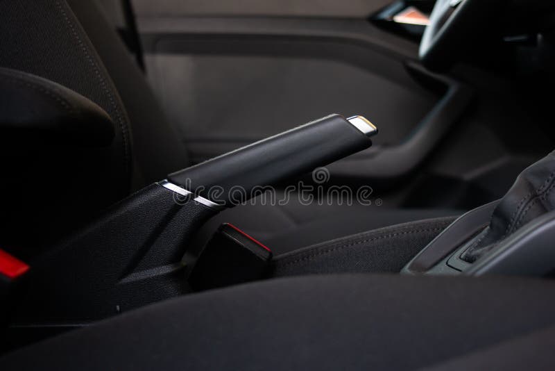 Generic Black Leather Wrapped Car Hand Break Lever Pulled Up Front View ...