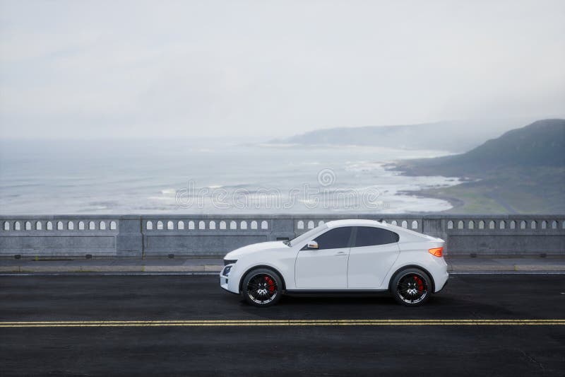 Generic and Brandless SUV Car on the Road with Mountain, 3d Render ...